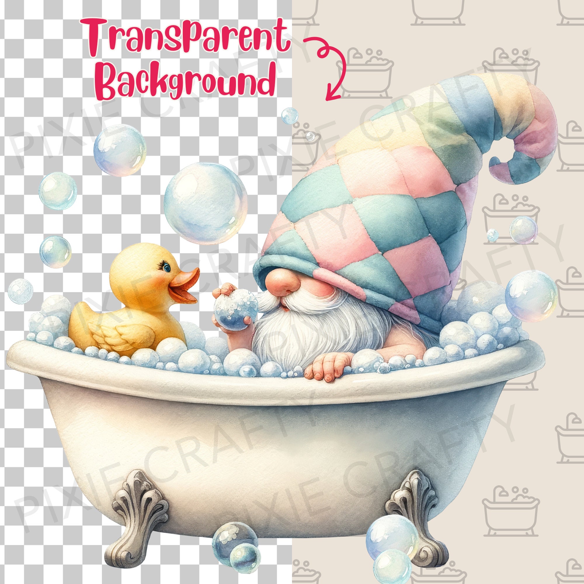 Bath Tub Gnomes Clipart, Watercolor Gnome PNG, Bathtub Bubble Soap Watercolor, Bubble Bath, Duck ...