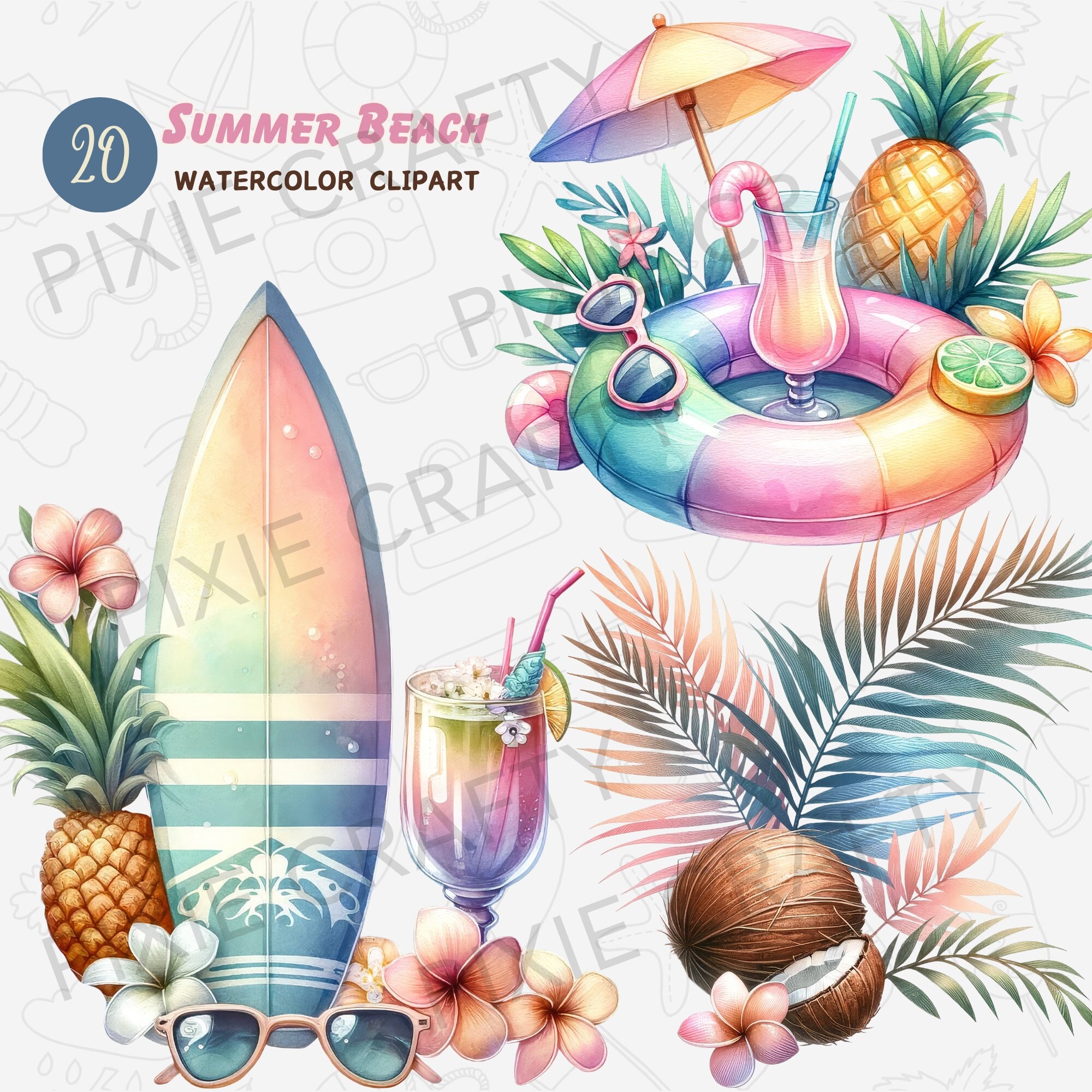 Summer Beach Clipart, Watercolor Beach Clipart, Vacation PNG, Summer ...