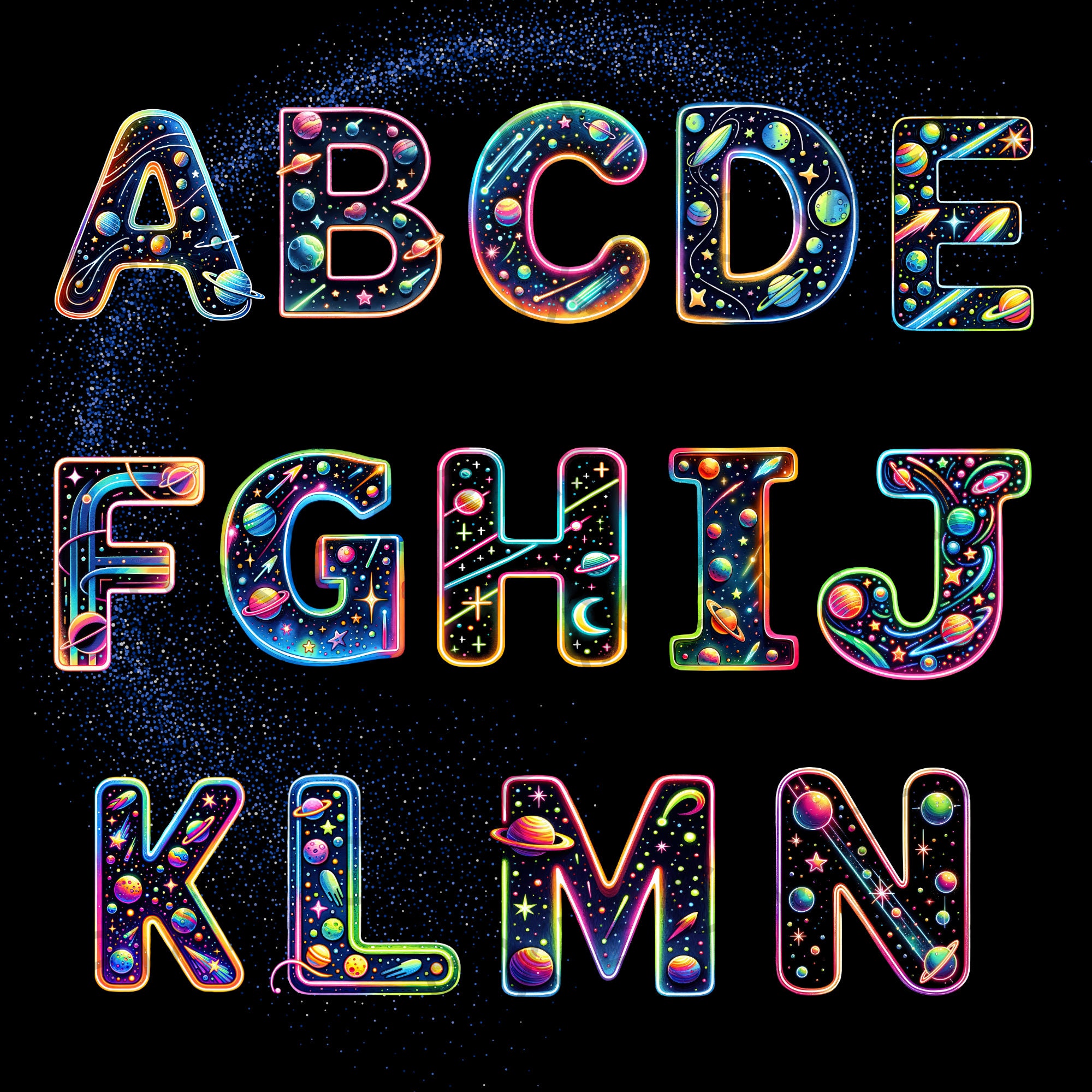 Neon Space Alphabet PNG: Galaxy Letters & Numbers (digital Download) - Etsy