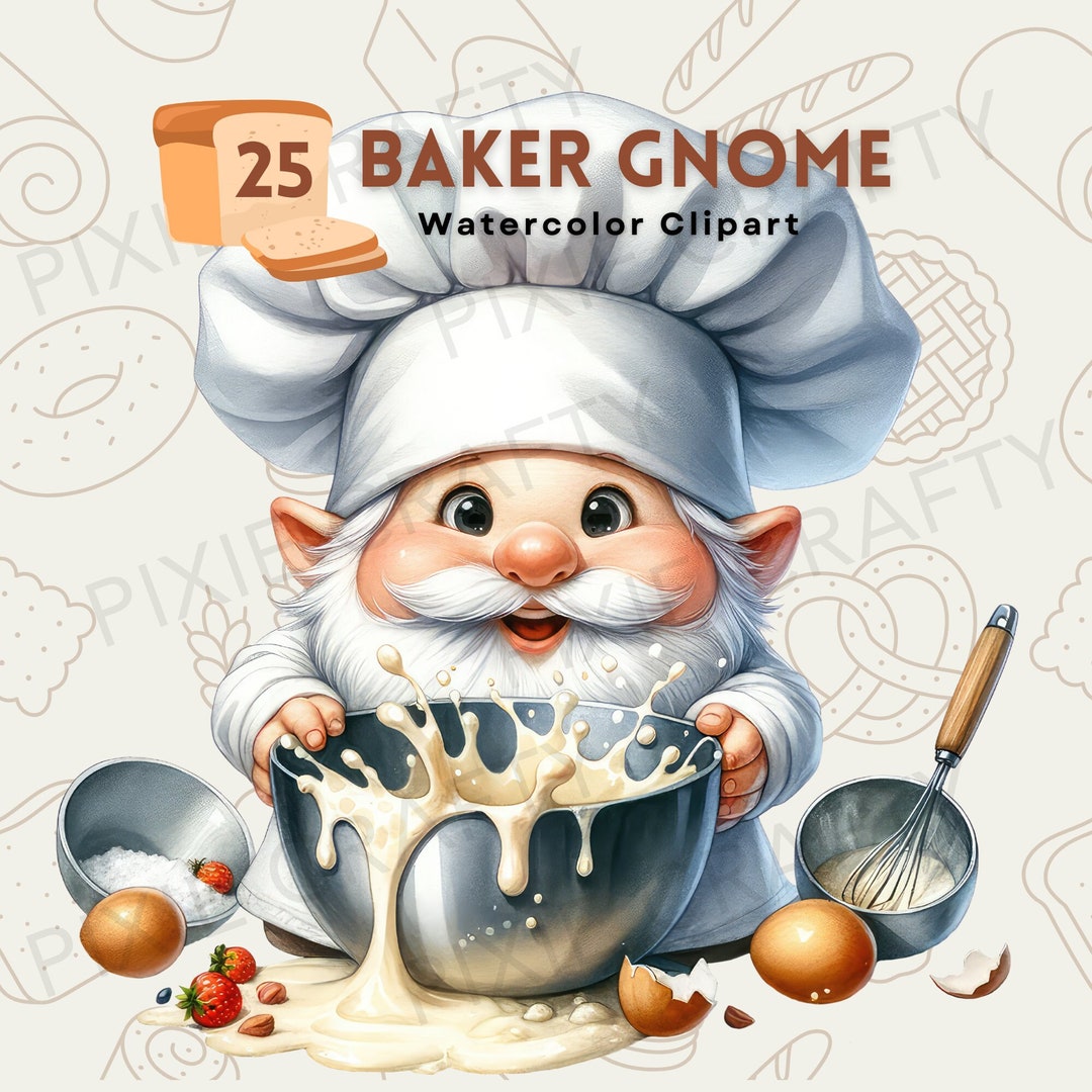 Watercolor Baker Gnome Clipart: Pastry Chef, Baked With Love (PNG ...