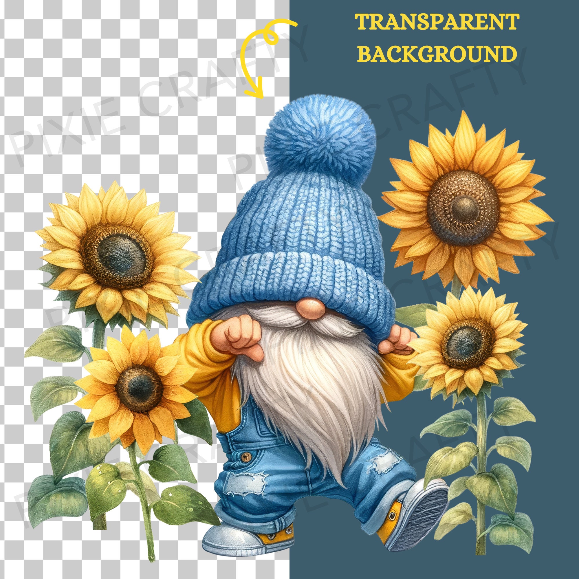 Watercolor Sunflower Gnome Clipart: Spring PNG Images (digital Download ...