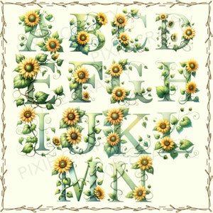 Sunflower Alphabet Clipart, Watercolor Alphabet PNG, Watercolor Floral ...
