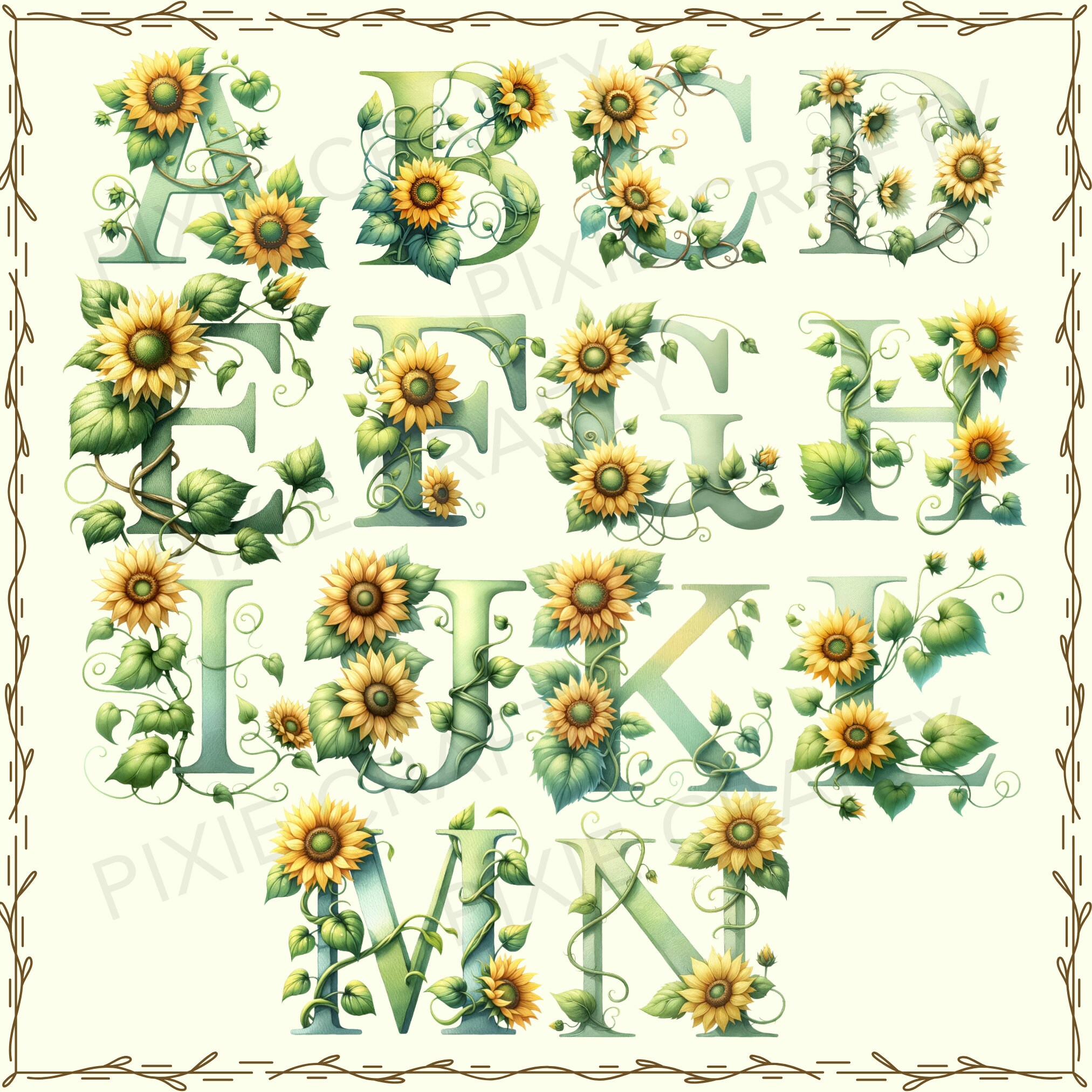 Sunflower Alphabet Clipart, Watercolor Alphabet PNG, Watercolor Floral ...
