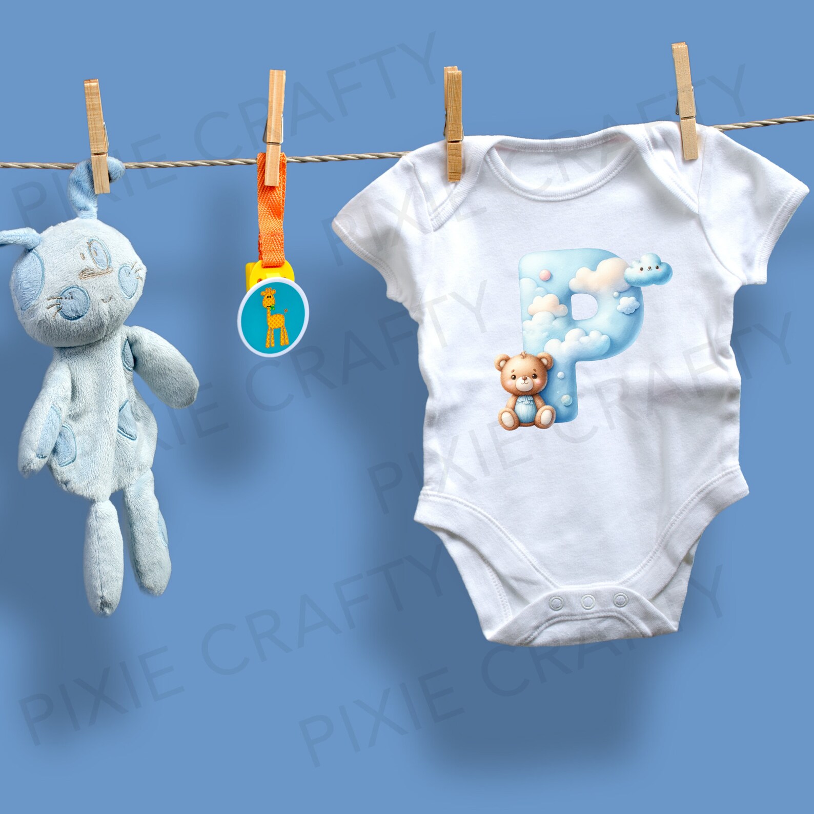 Watercolor Teddy Bear Alphabet Clipart: Blue Nursery Font (PNG Digital ...