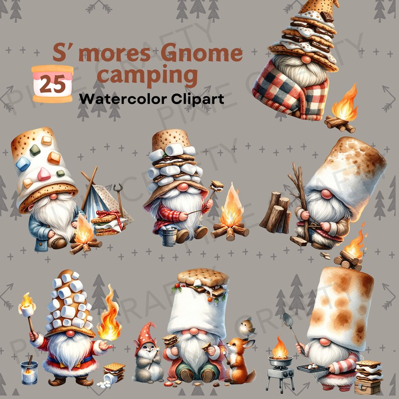 Watercolor S'mores Gnomes Clipart: Camping PNG Images (digital Download ...