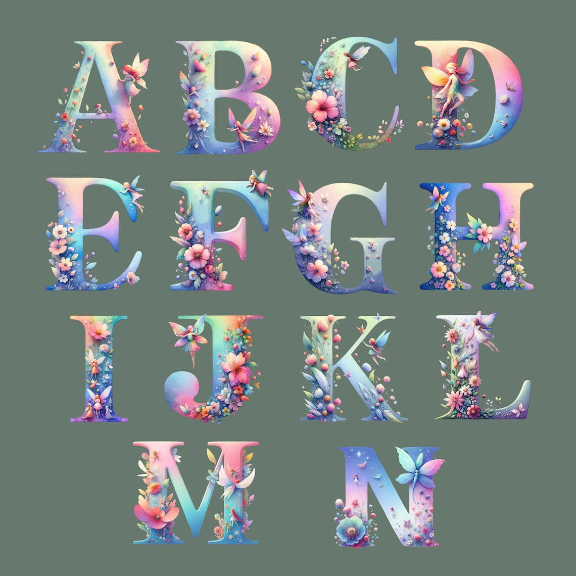 Watercolor Floral Fairy Alphabet, Fairy Watercolor Clipart, Floral ...