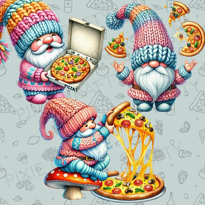 Watercolor Pizza Gnome PNG Clipart: Foodie Art, Nursery Decor, (digital ...