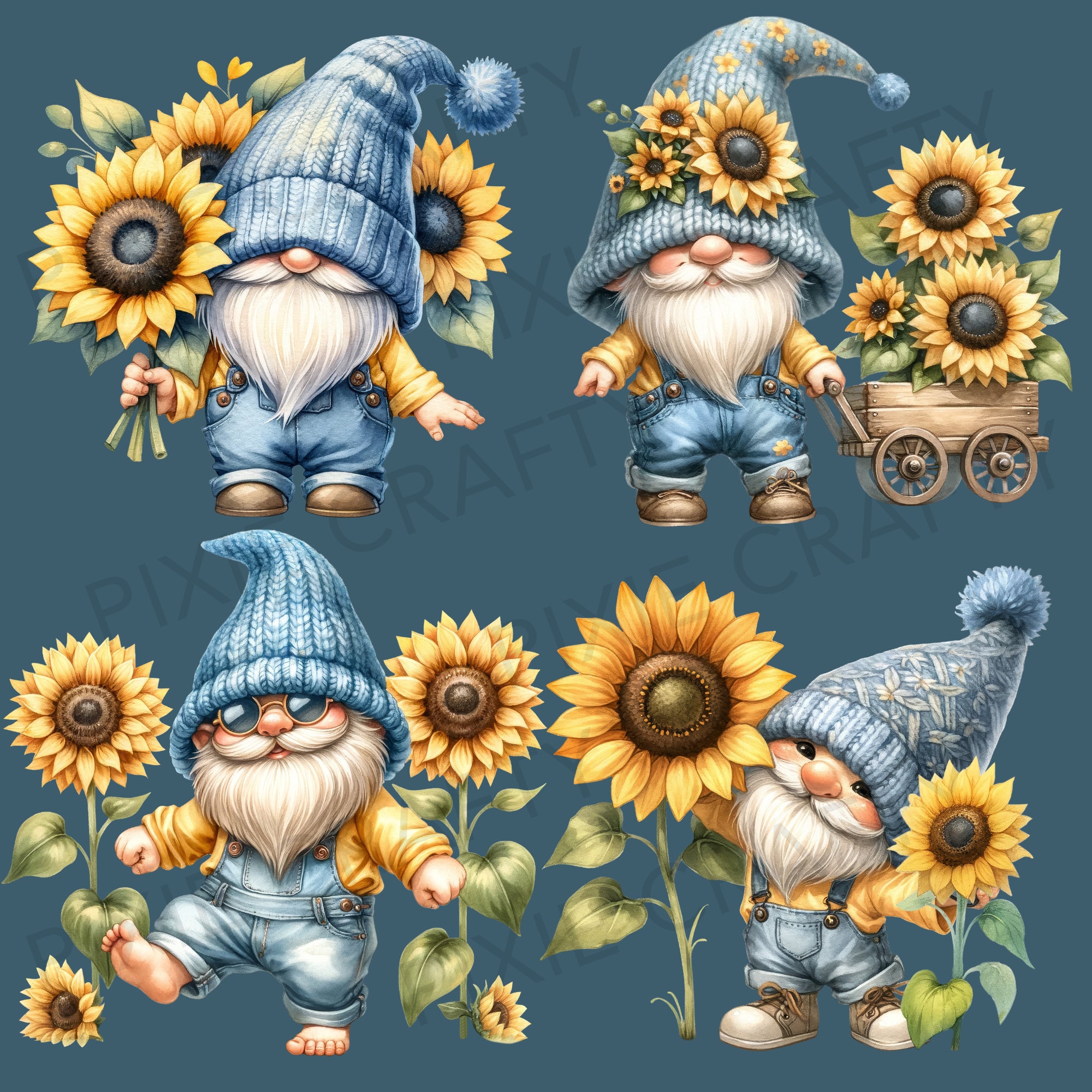 Watercolor Sunflower Gnome Clipart: Spring PNG Images (digital Download ...