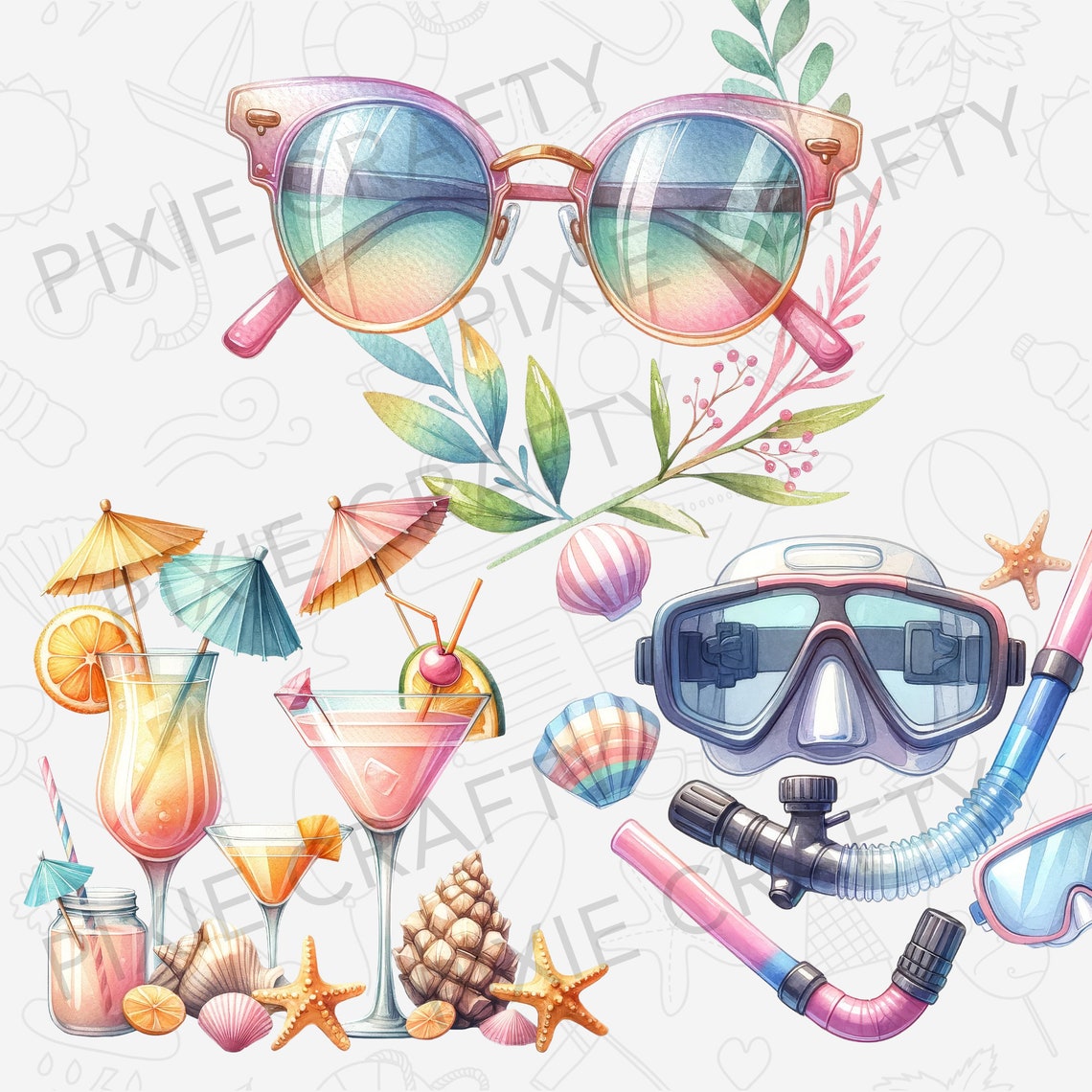 Summer Beach Clipart, Watercolor Beach Clipart, Vacation PNG, Summer ...