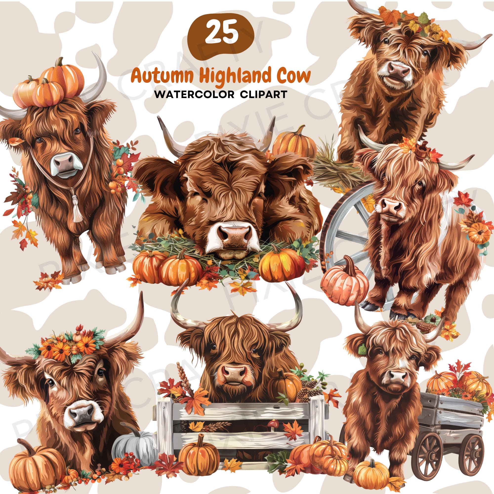 Watercolor Fall Highland Cow With Pumpkins, Autumn Highland Cow ...