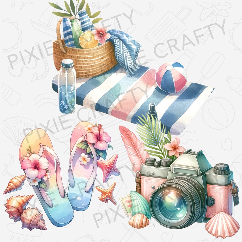 Summer Beach Clipart, Watercolor Beach Clipart, Vacation PNG, Summer ...