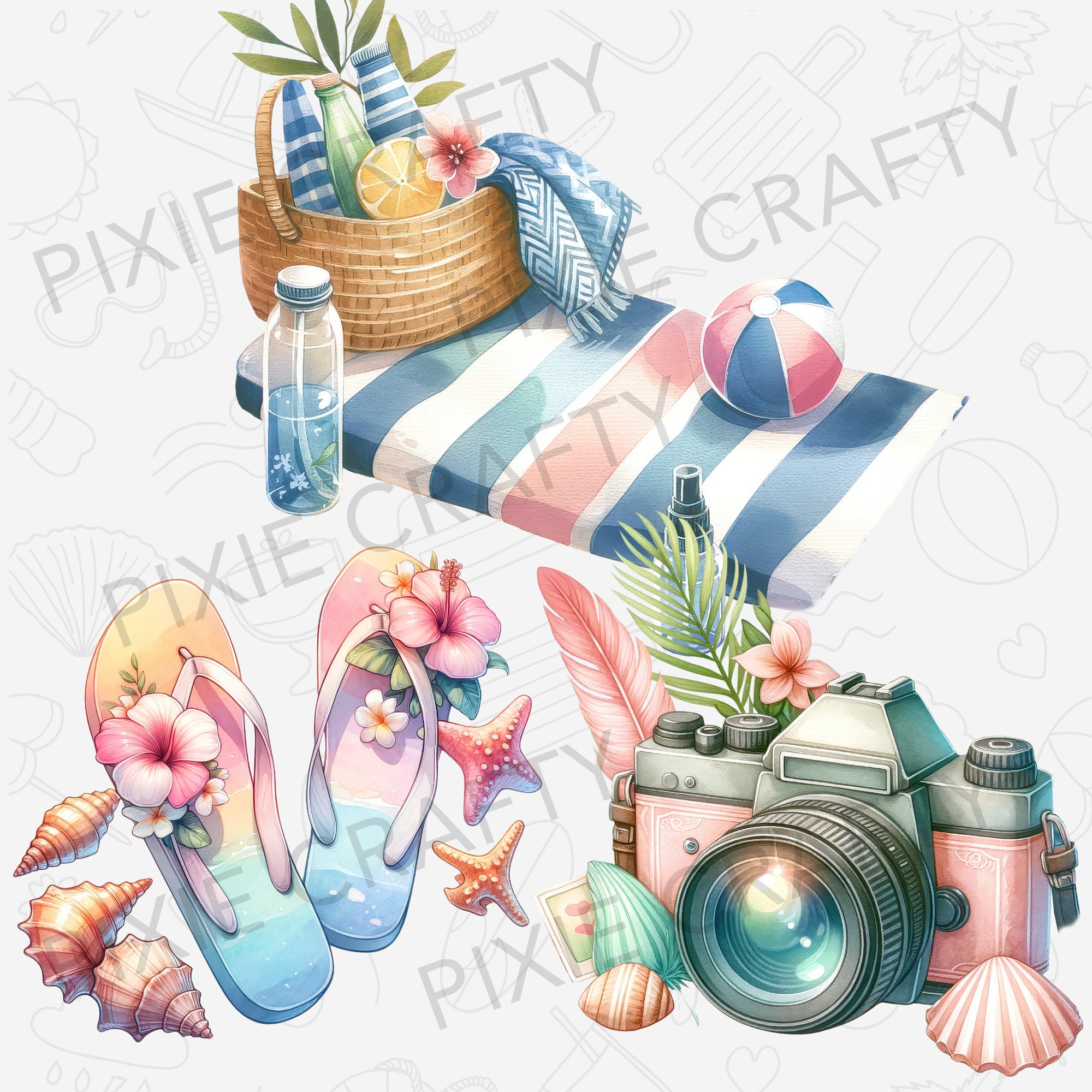 Summer Beach Clipart, Watercolor Beach Clipart, Vacation PNG, Summer ...
