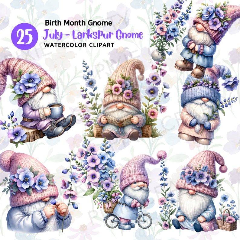 Watercolor Larkspur Gnomes Clipart, July Birth Flowers, Birth Month ...