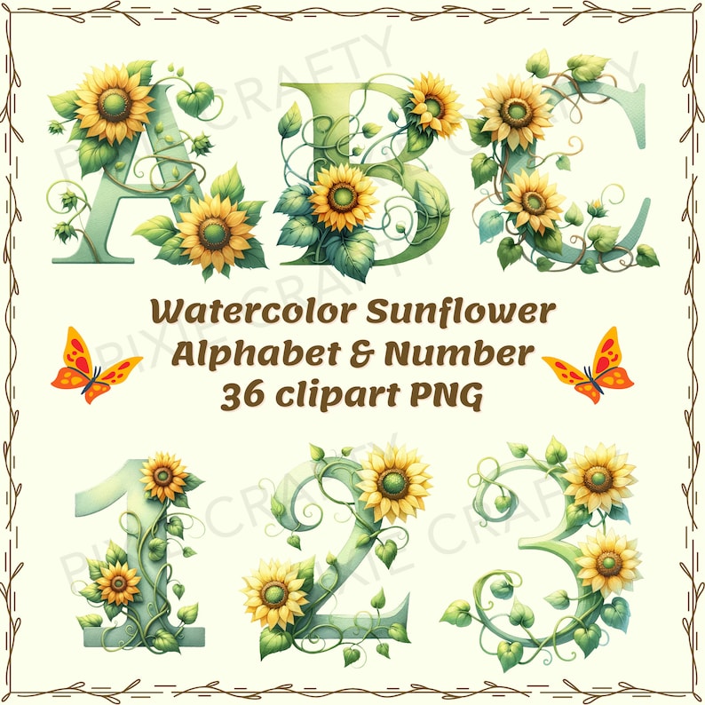 Sunflower Alphabet Clipart, Watercolor Alphabet PNG, Watercolor Floral ...