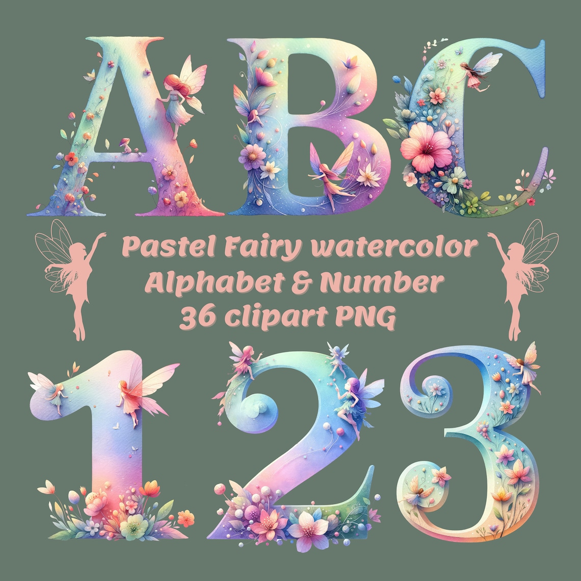Watercolor Floral Fairy Alphabet, Fairy Watercolor Clipart, Floral ...