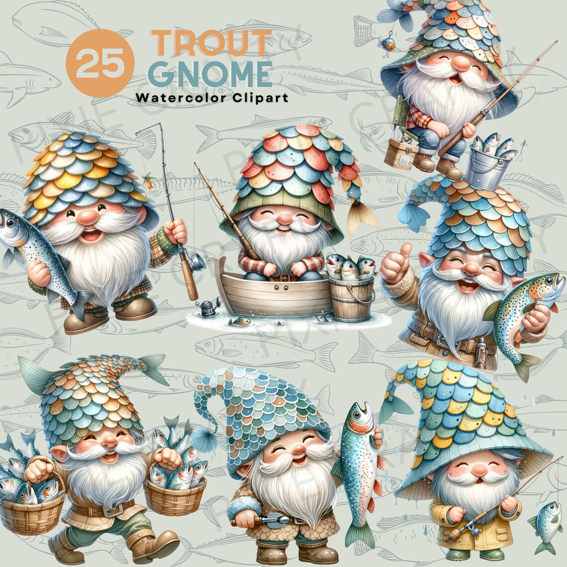 Gnome Trout Watercolor Clipart , Trout Clipart, Fishing Gnome, Fish ...