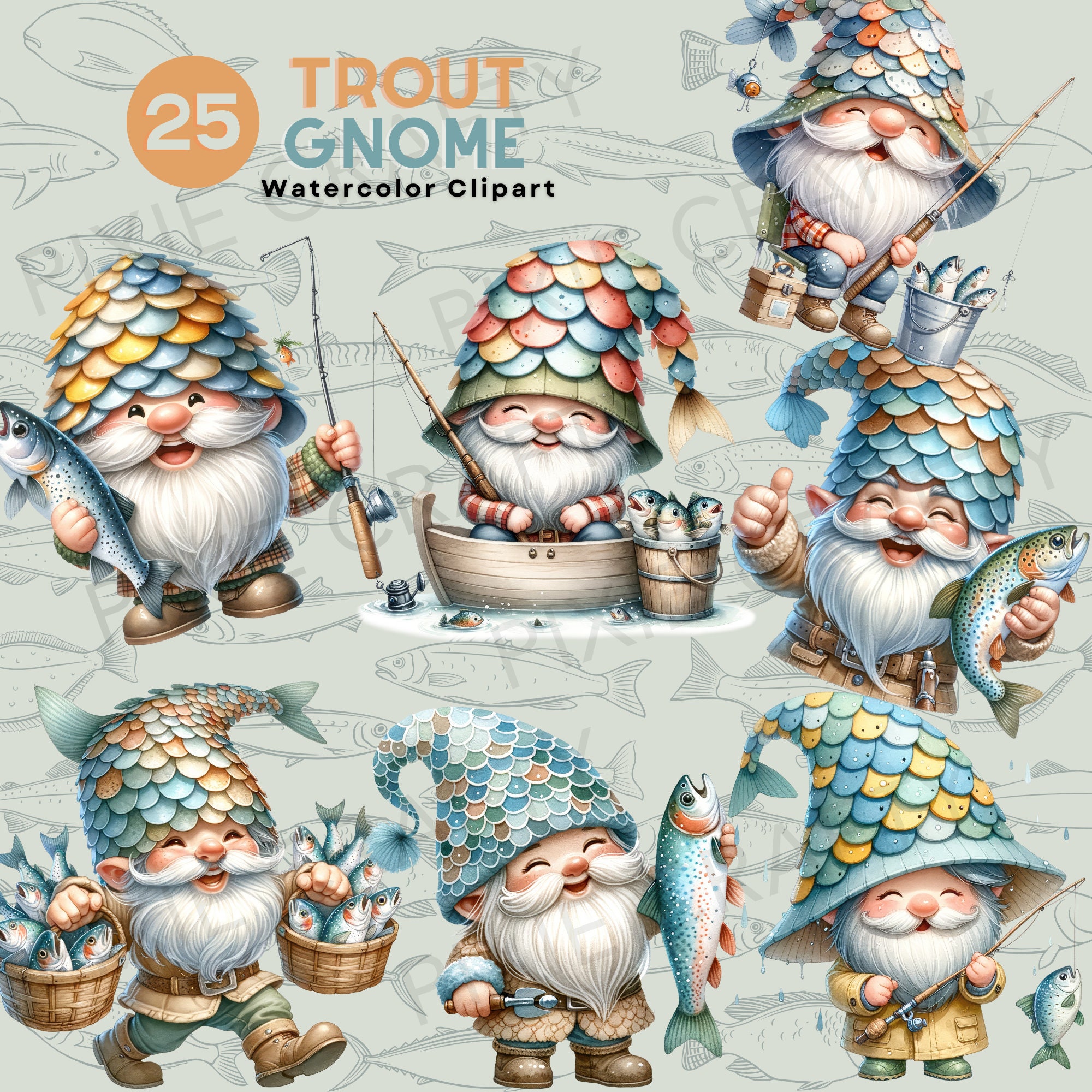 Gnome Trout Watercolor Clipart , Trout Clipart, Fishing Gnome, Fish ...