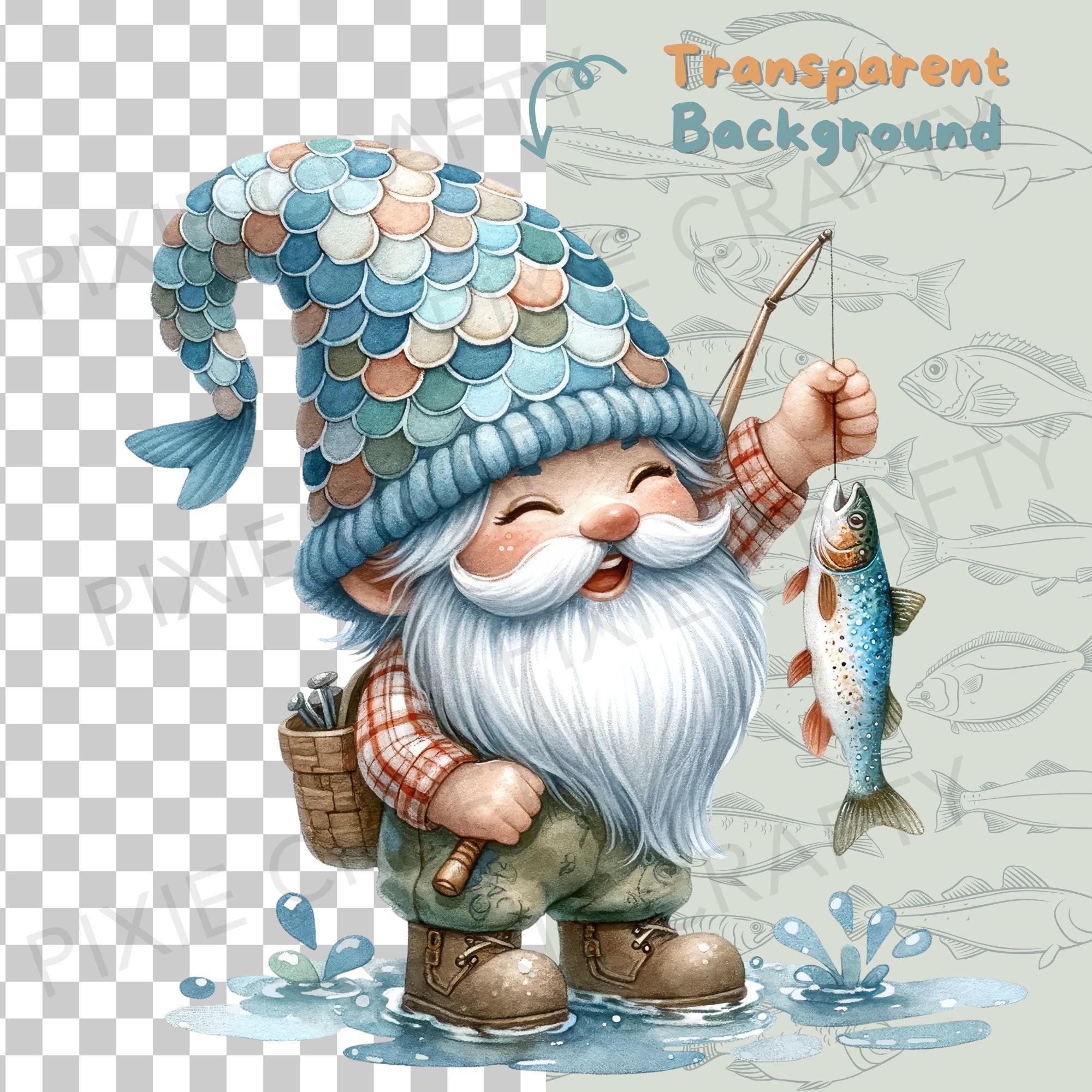 Gnome Trout Watercolor Clipart , Trout Clipart, Fishing Gnome, Fish ...