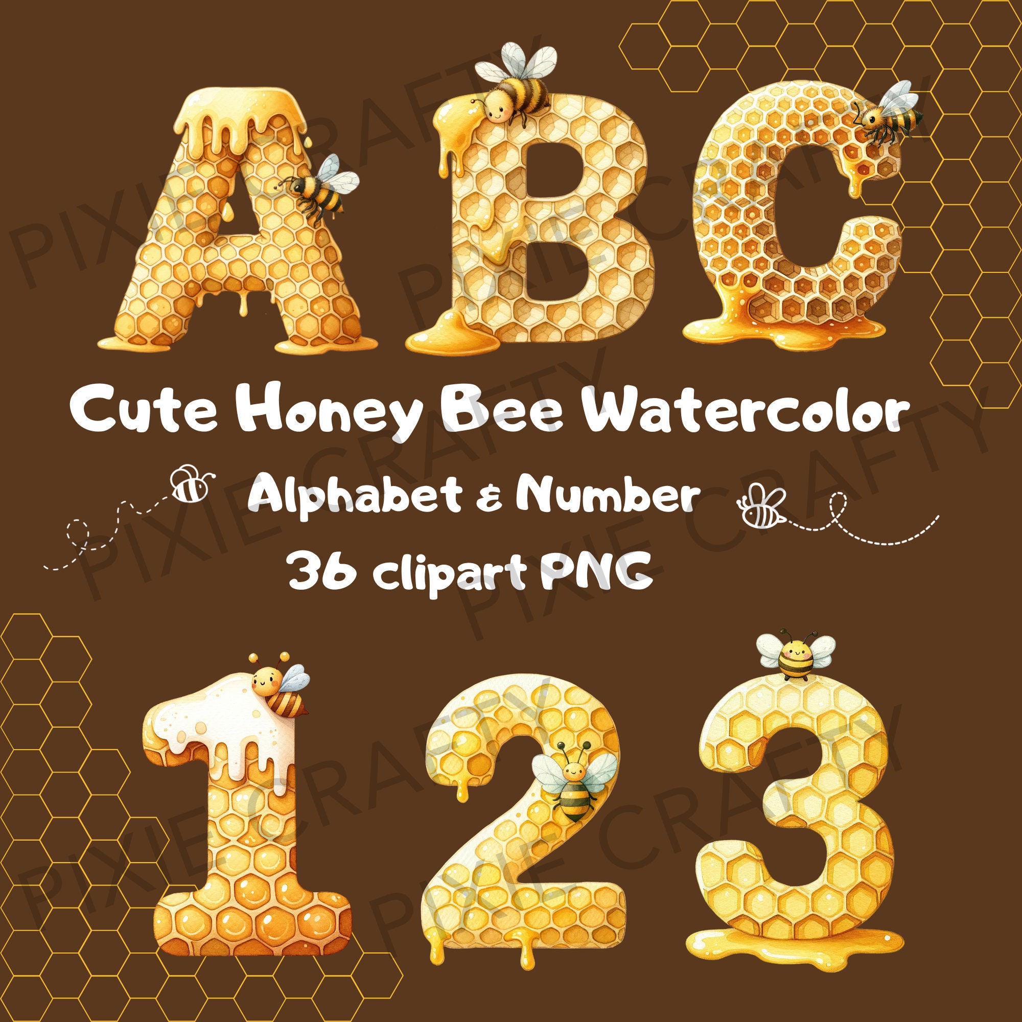 Honey Bee Watercolor Alphabet and Number, Honeycomb Letter Clipart ...