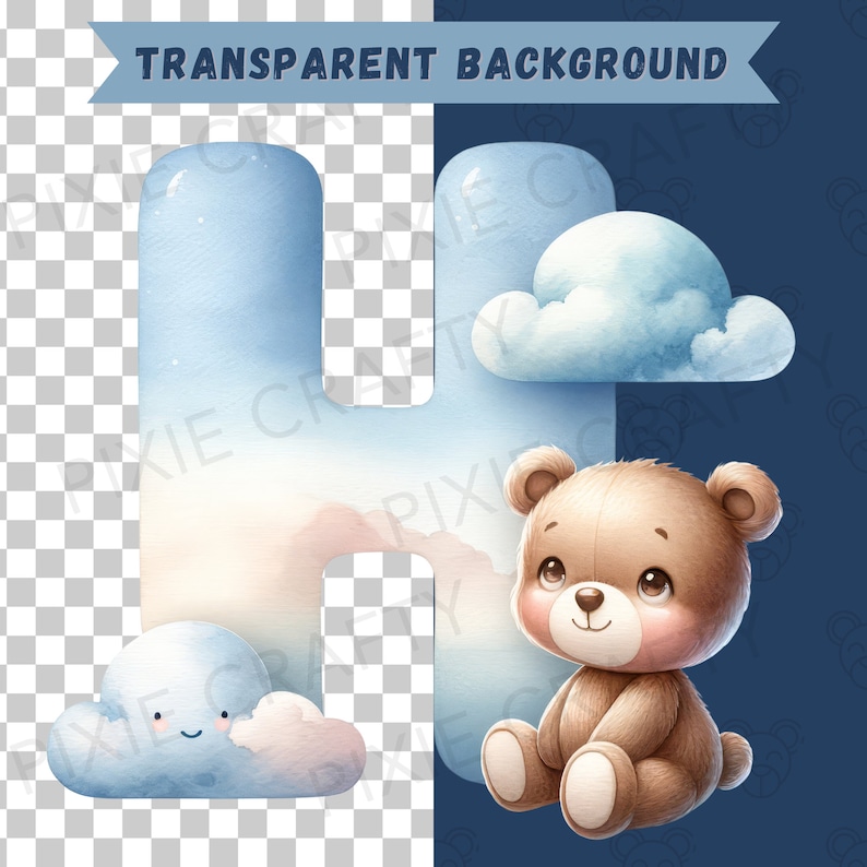 Watercolor Teddy Bear Alphabet Clipart: Blue Nursery Font (PNG Digital ...