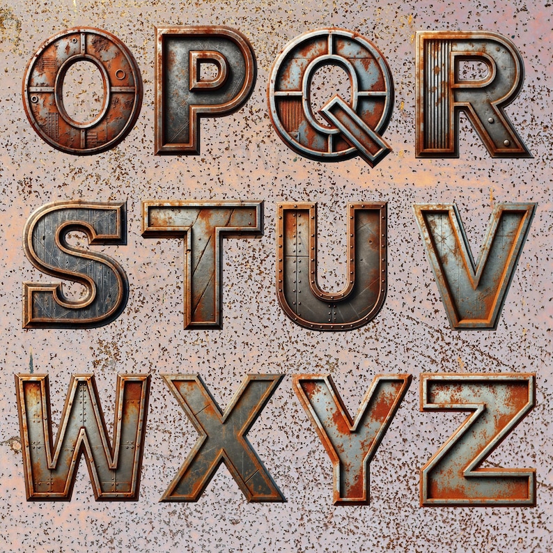 Rusty Metal Alphabet & Numbers PNG: Steampunk Font (digital Download ...