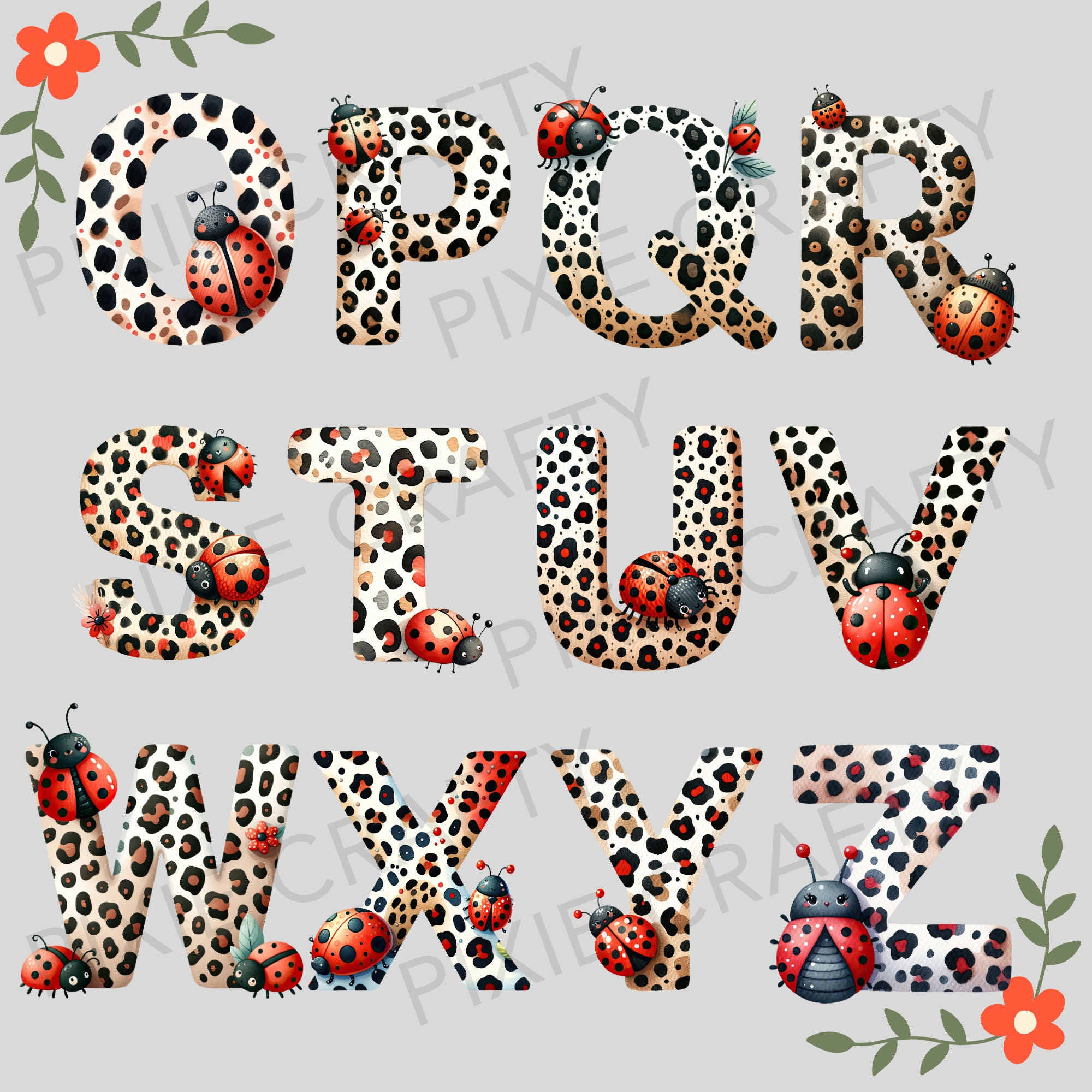 Leopard Ladybug Alphabet, Ladybug Alphabet, Leopard Clipart, Ladybug ...