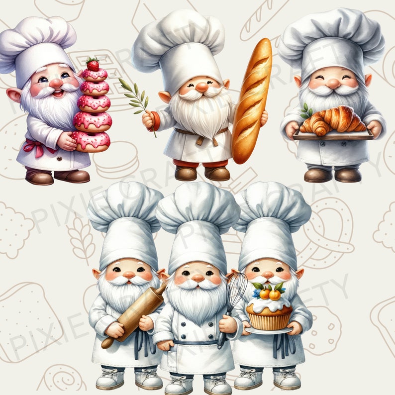 Watercolor Baker Gnome Clipart: Pastry Chef, Baked With Love (PNG ...