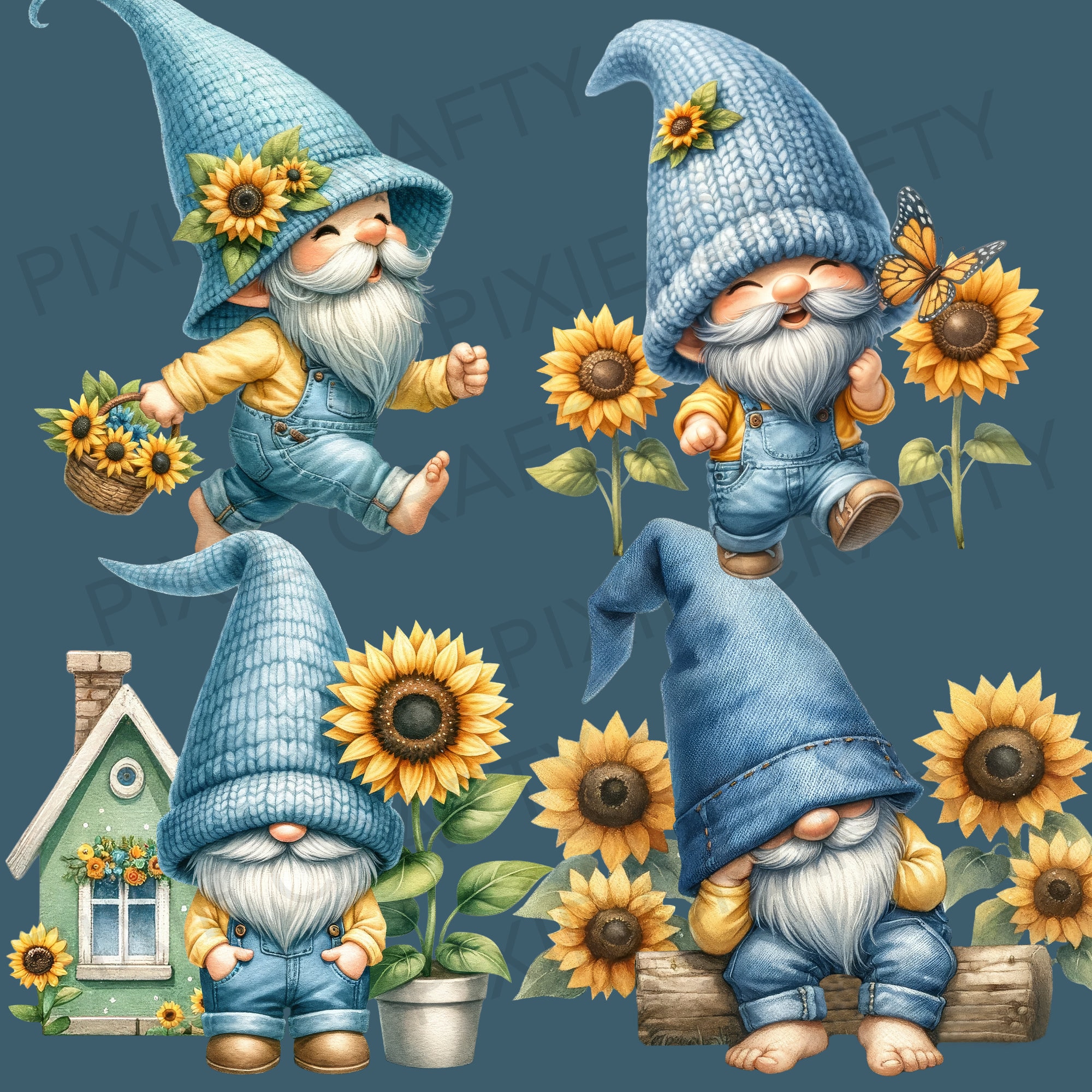 Watercolor Sunflower Gnome Clipart: Spring PNG Images (digital Download ...