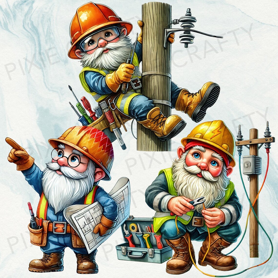 Lineman Gnome Watercolor Clipart: Electrician PNG, Worker Boys ...