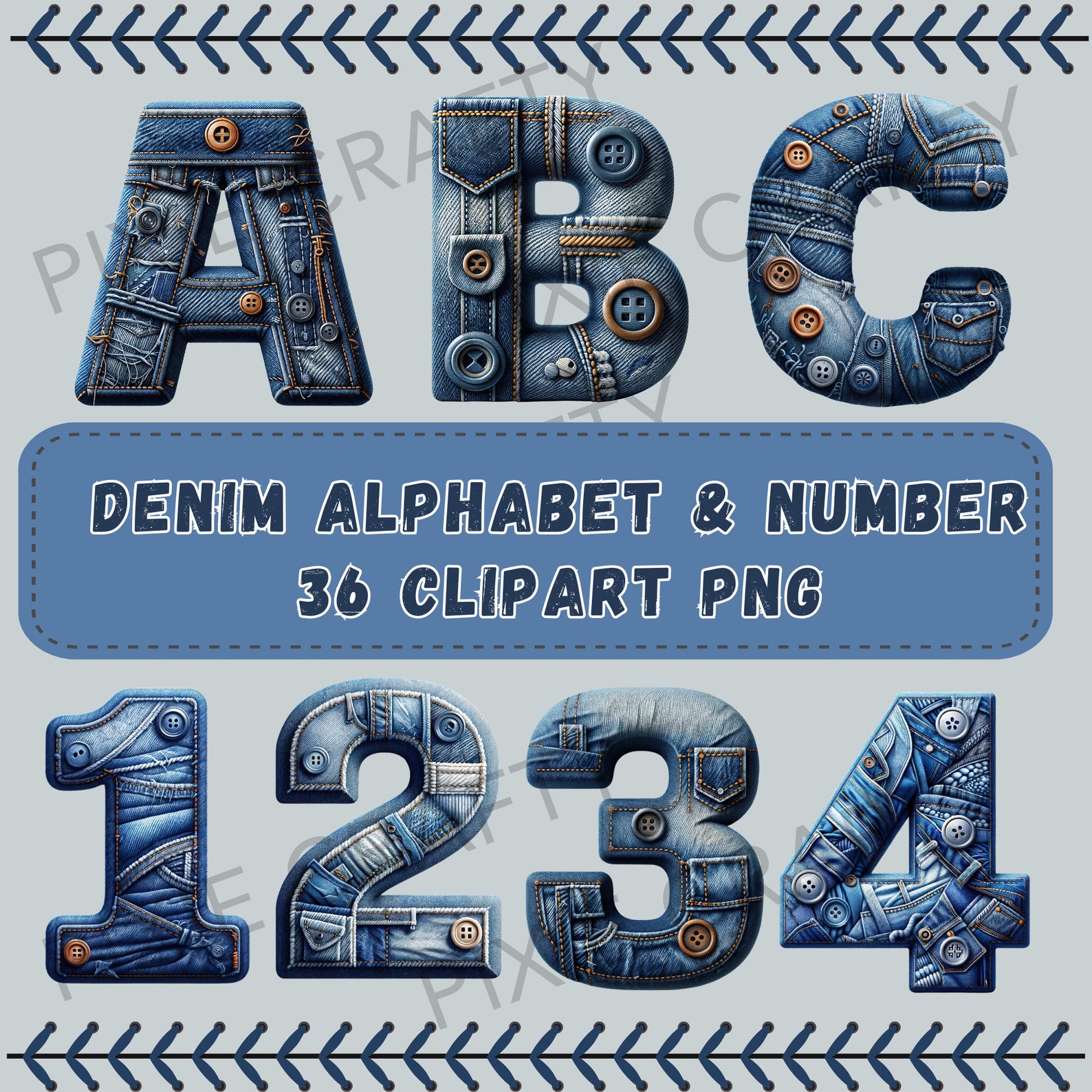 Denim Jeans Alphabet Clipart: PNG Letters, Numbers (digital Download ...