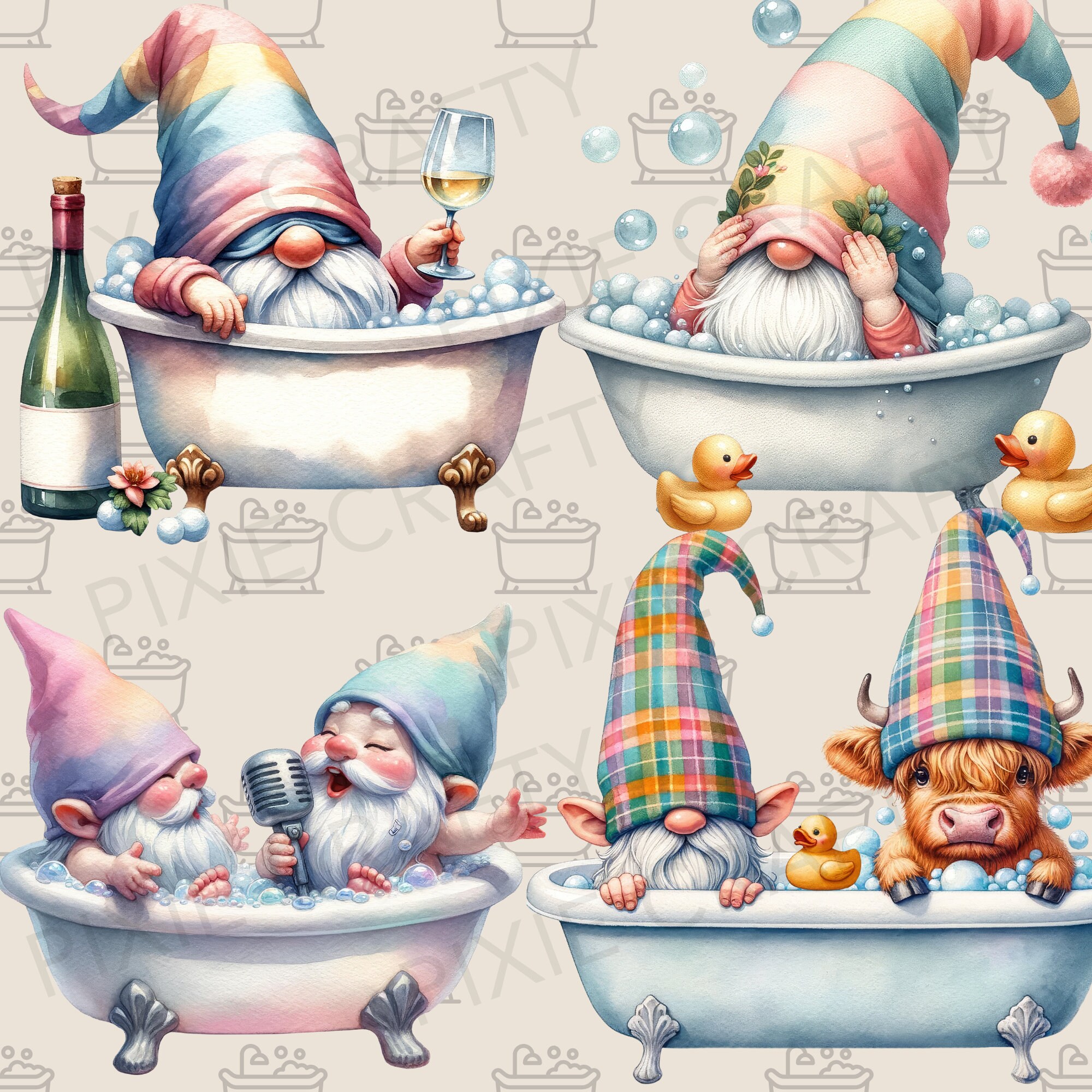 Bath Tub Gnomes Clipart, Watercolor Gnome PNG, Bathtub Bubble Soap Watercolor, Bubble Bath, Duck ...