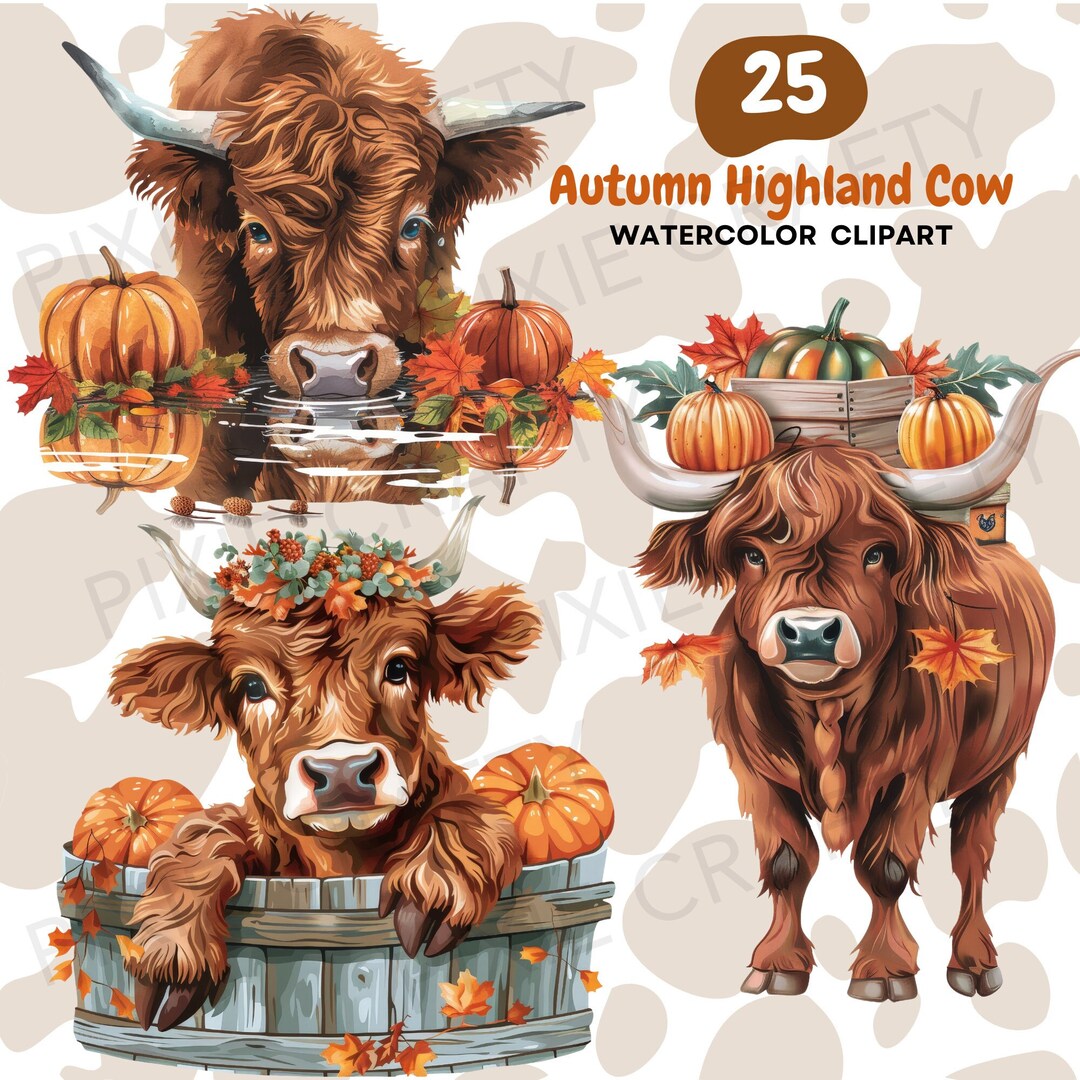 Watercolor Fall Highland Cow With Pumpkins, Autumn Highland Cow ...