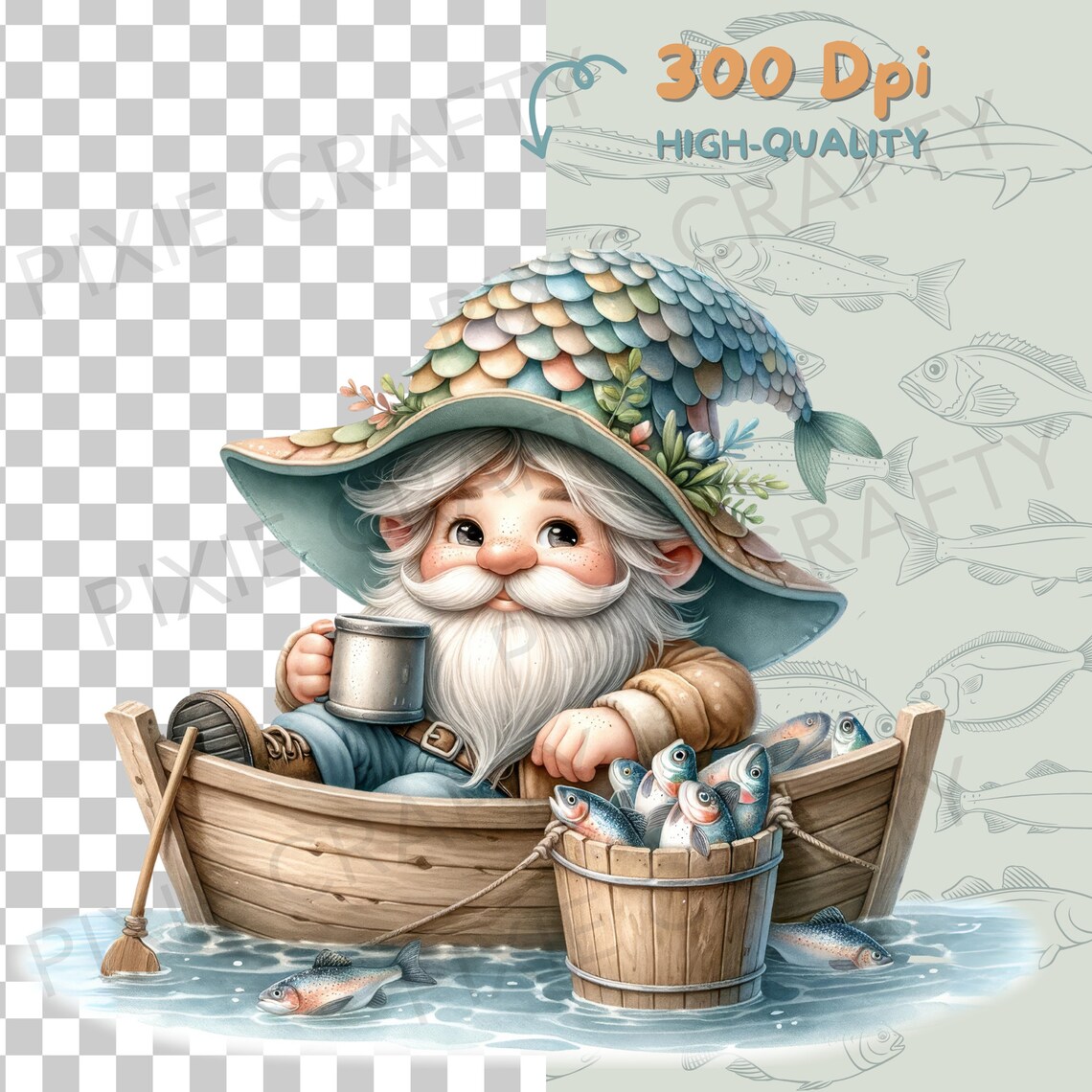 Gnome Trout Watercolor Clipart , Trout Clipart, Fishing Gnome, Fish ...