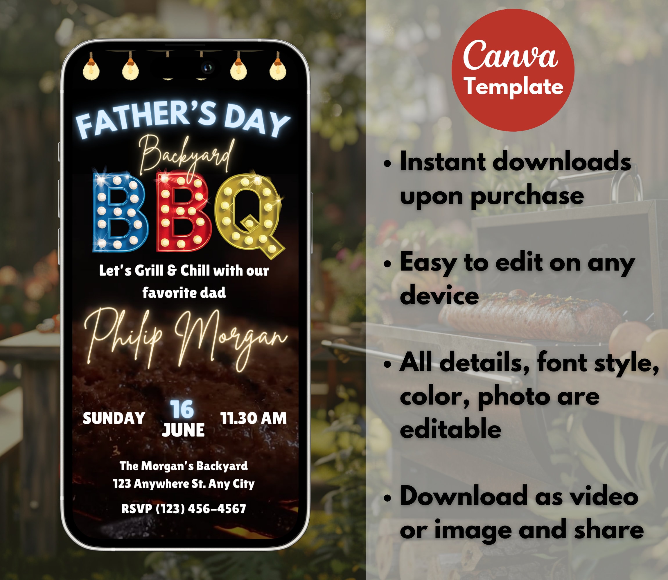 Backyard BBQ Animated Invitation, Digital Father Day BBQ Invite, Grill ...