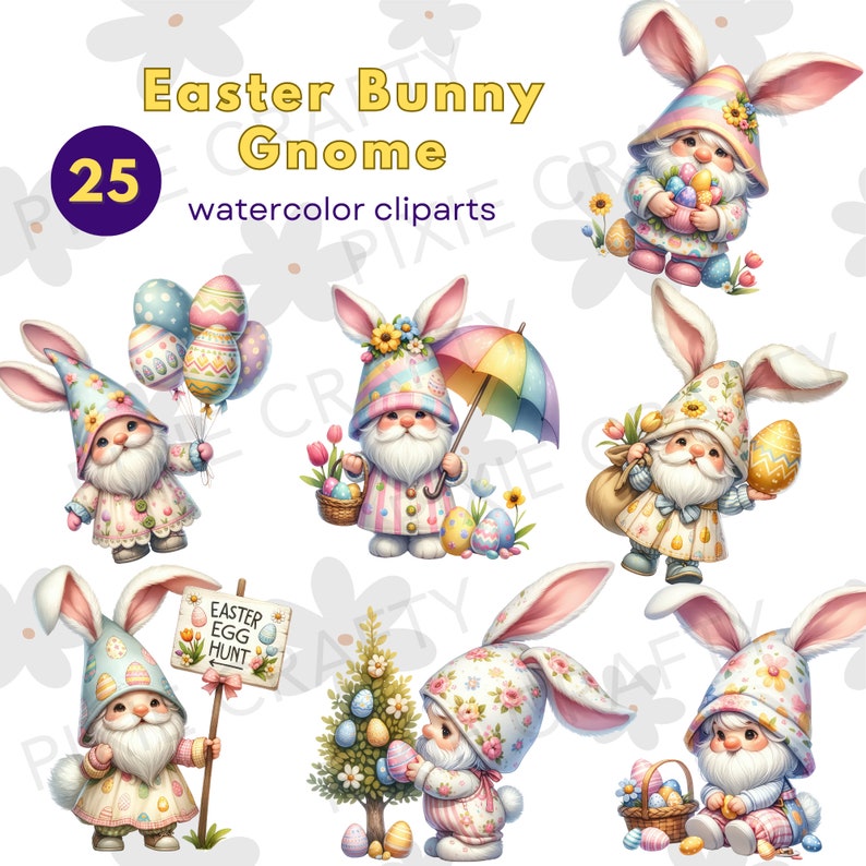 Easter Bunny Gnome Watercolor Clipart: Floral Spring Gnomes (digital ...