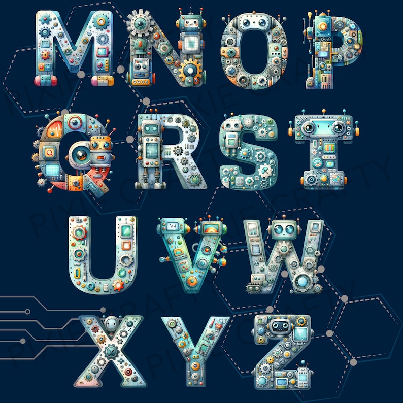 Robot Alphabet Clipart, Kid Alphabet and Number, Baby Boy Wall Art ...