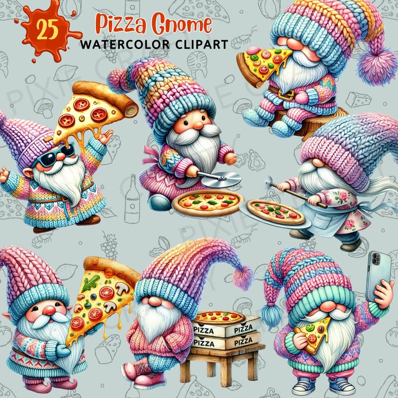 Watercolor Pizza Gnome PNG Clipart: Foodie Art, Nursery Decor, (digital ...
