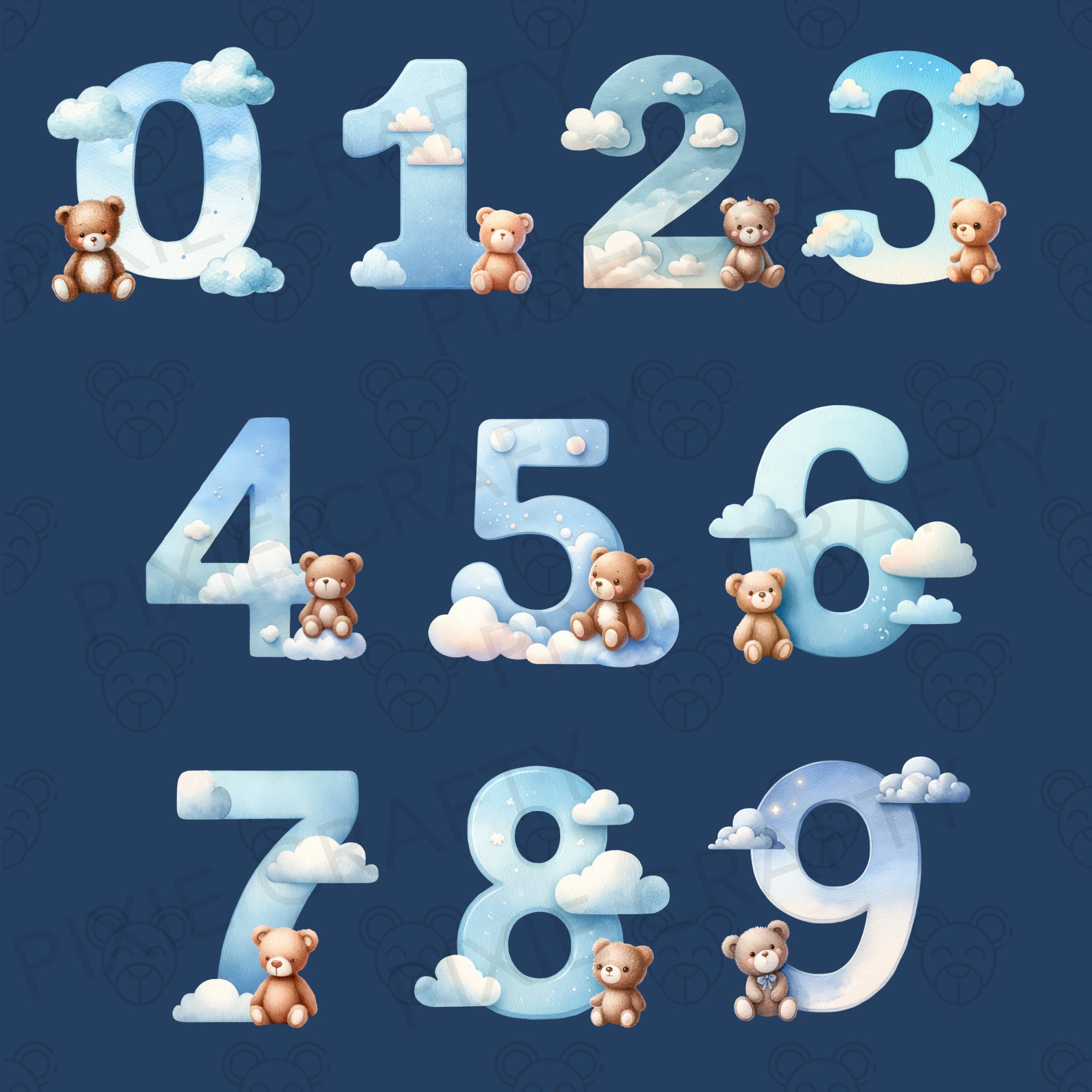 Watercolor Teddy Bear Alphabet Clipart: Blue Nursery Font (PNG Digital ...