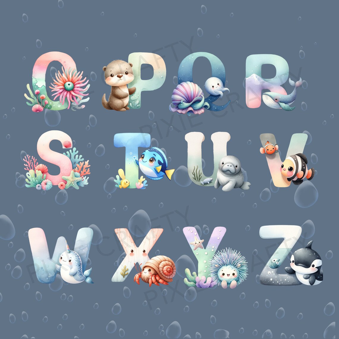Watercolor Undersea Alphabet & Numbers: Ocean Animals Clipart (PNG ...