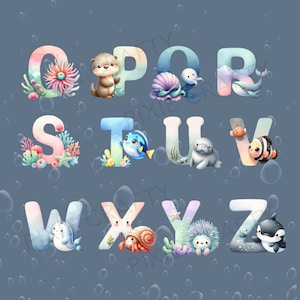 Watercolor Undersea Alphabet & Numbers: Ocean Animals Clipart (PNG ...