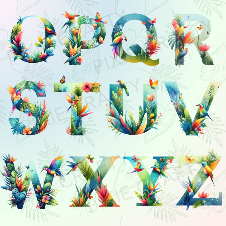 Watercolor Tropical Floral Alphabet: PNG Clipart, Summer Font (digital ...
