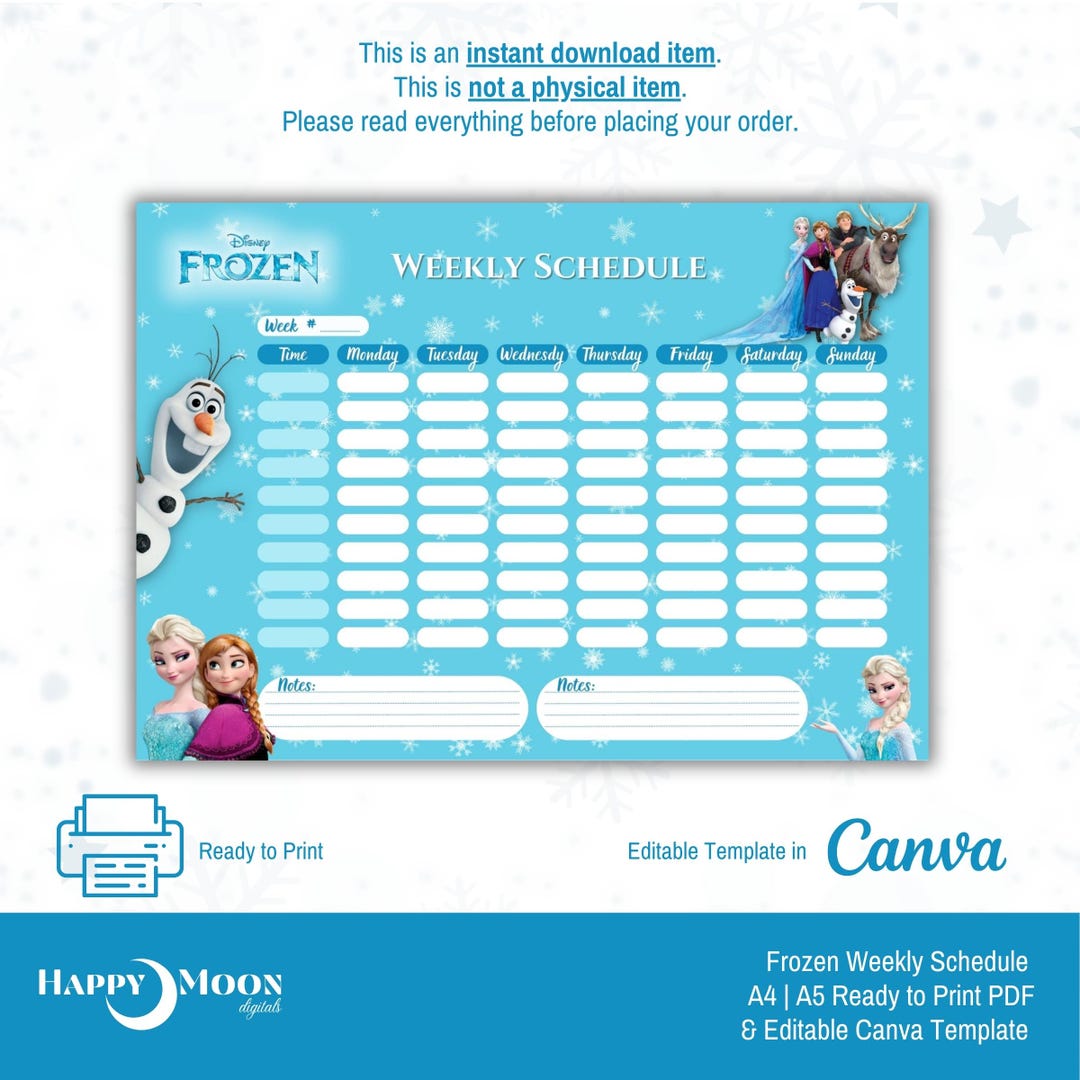 Frozen Theme | Weekly Schedule | Ready to Print | Editable in Canva ...