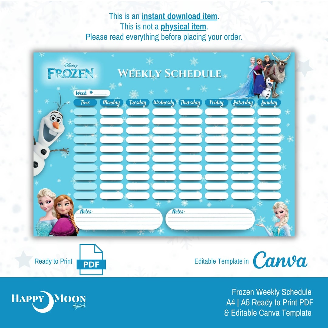 Frozen Theme Weekly Schedule Ready to Print Editable in - Etsy