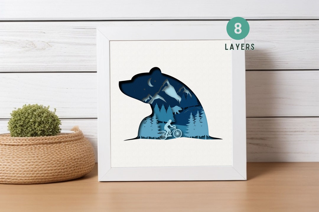 Bear With Bicyclist Paper Cut Shadow Box 8 Multilayers, Mountain Svg ...