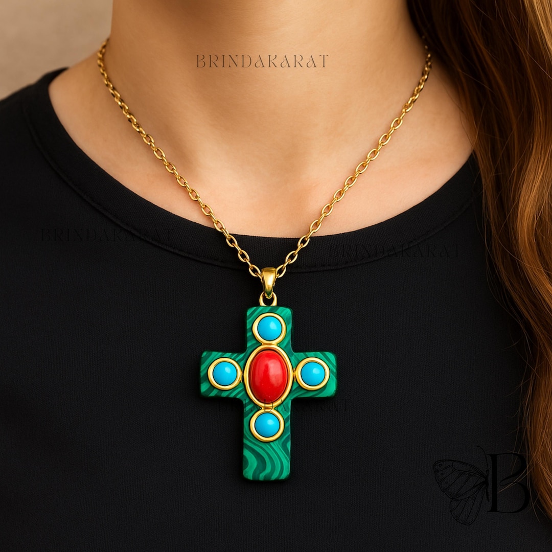 14k Gold Malachite Cross Pendant: Carved Gemstone Charm - Etsy
