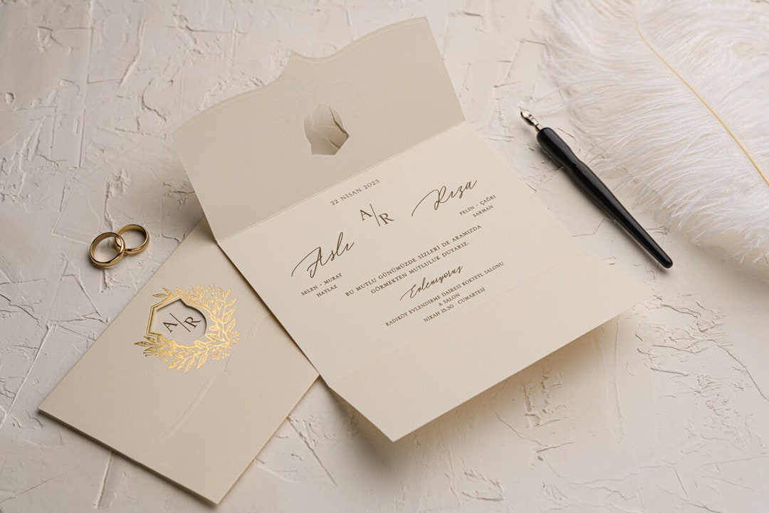 Cream Beige Flap Folded Modern Wedding Invitation Card With Gold Foiled ...