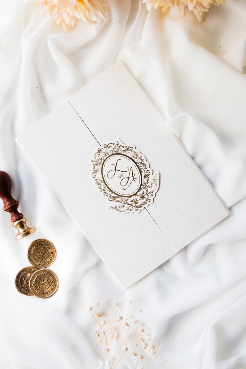 Gold Foiled White Ivory Gatefold Modern Wedding Invitation Card and ...