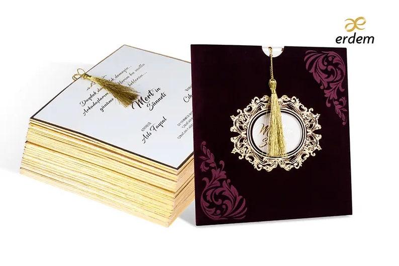 Gold Foiled Edged White Wedding Invitation Card With Gold Tassel and ...