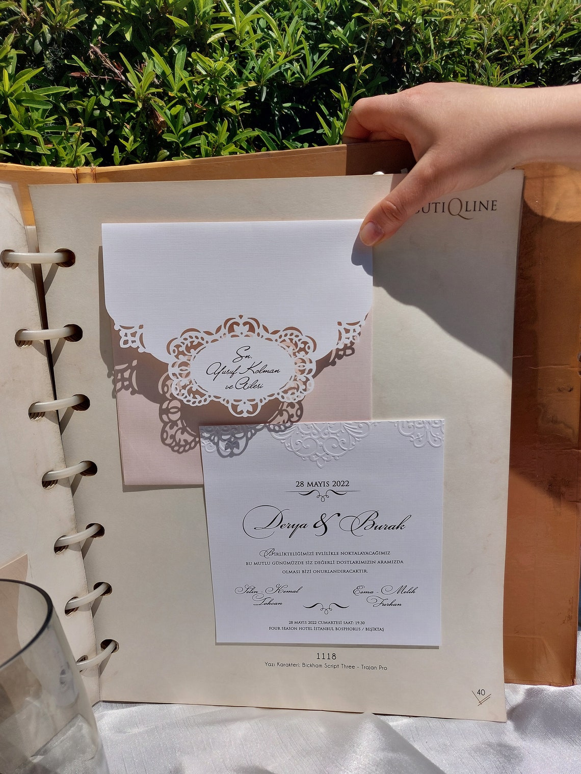 White Modern Wedding Invitation Card With Embossed Trims and Powder ...