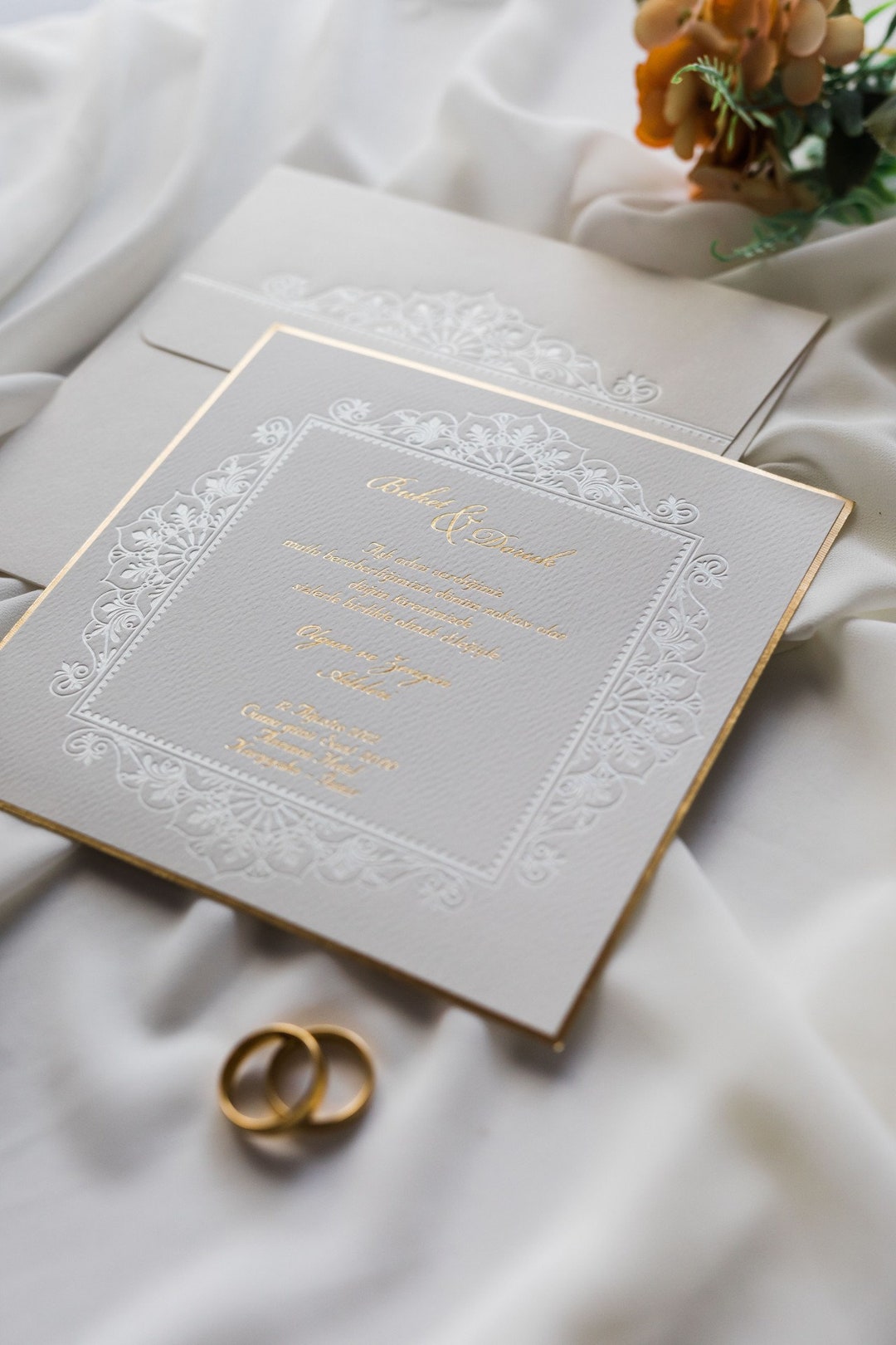 Gold Foiled Edged White Wedding Invitation Card With Embossed Frame and ...